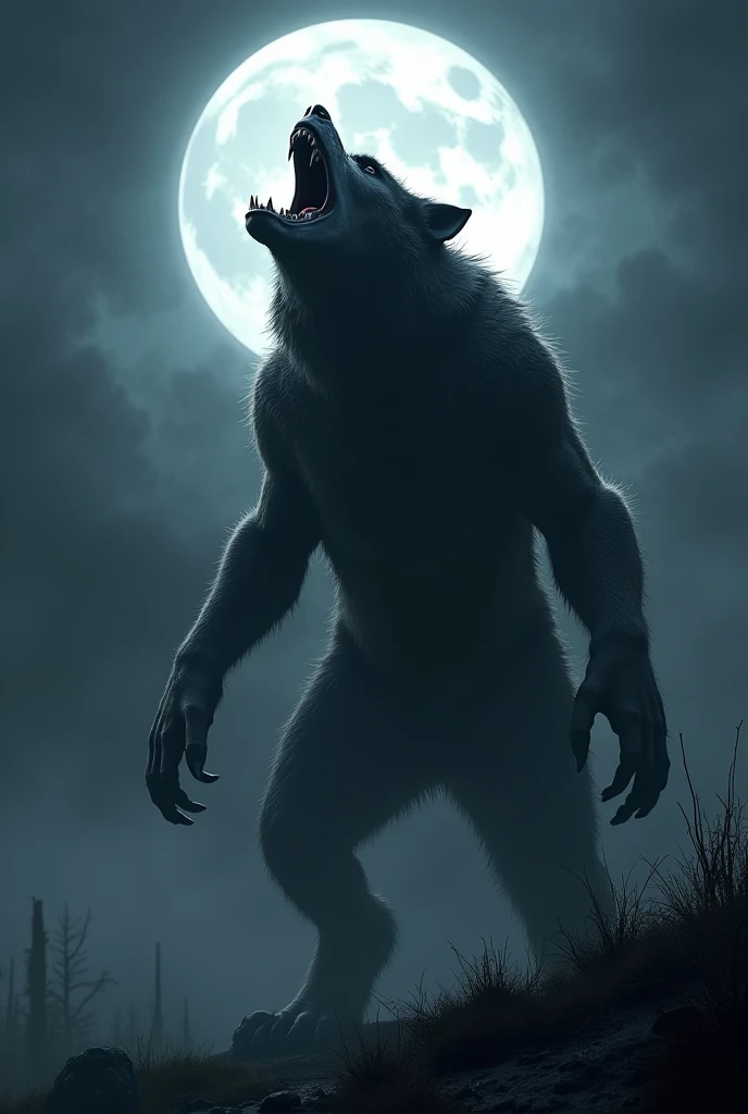 Genere a giant werewolf of the color gray, Screaming at the full moon ...