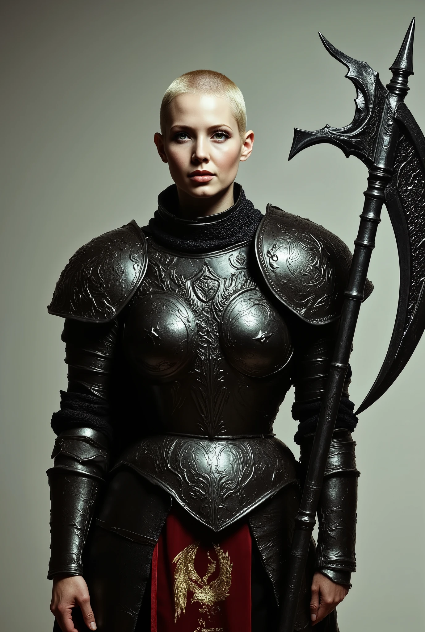A tall female human paladin with large breasts dressed in darkly etched ...