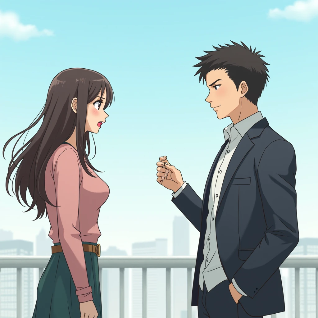 "Create an anime-style illustration of a 30-year-old woman standing in ...