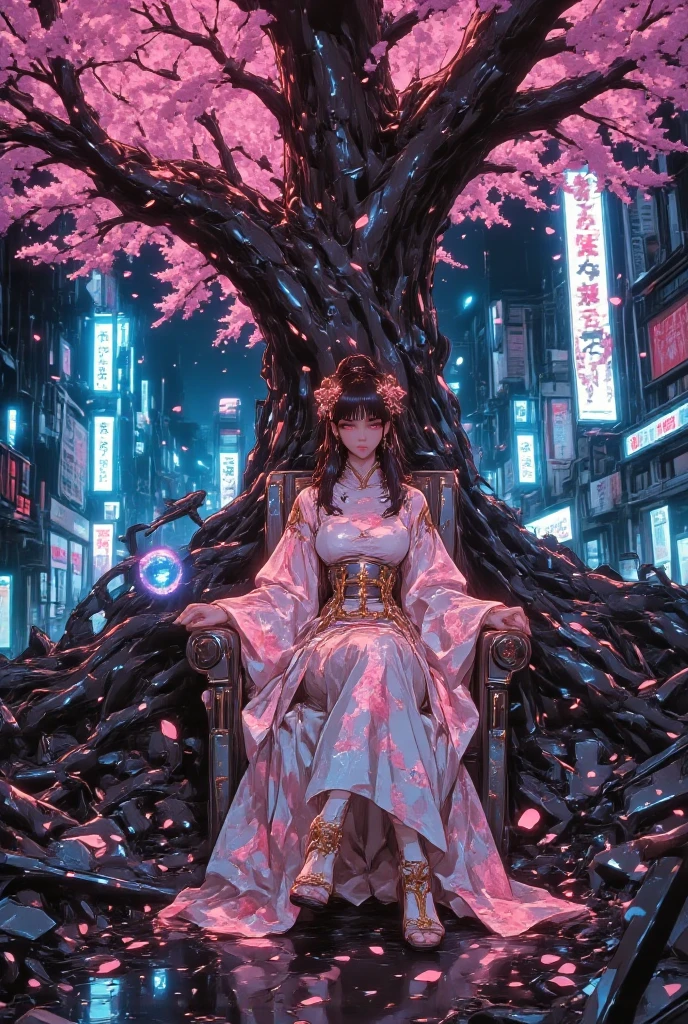 1girl ,sit cross-legged、 Mechanical cherry blossoms. Mechanical cherry ...