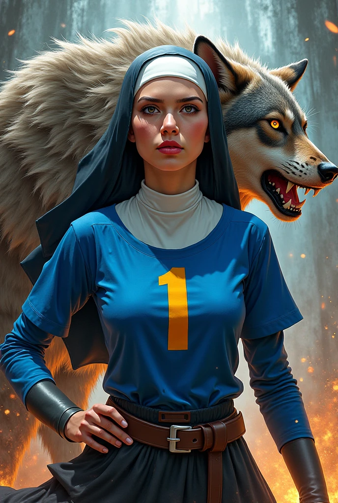 Nun fighting a wolf standing in a blue shirt with 1 written in comic ...