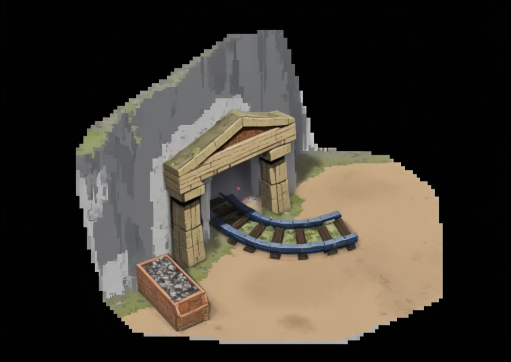 There is a small entrance to a mine with a roof and a track with a ...