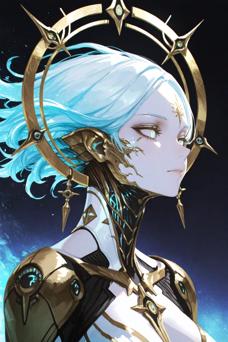 Close-up portrait of an alien, divine-looking female figure with an ...