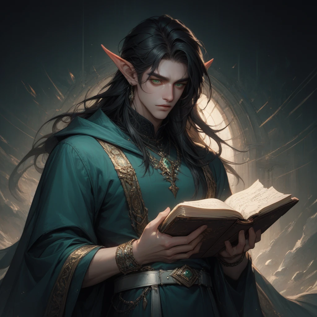 A boy, male character, elf, pointy ears, pale skin, black hair - SeaArt AI