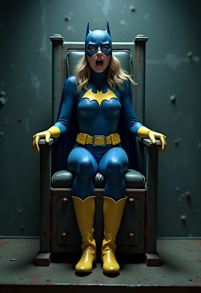 Realistic photo Batgirl in her early 30's sitting in an old electric chair. Her forearms are ...