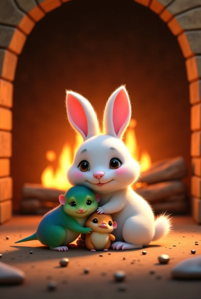 Small white bunny, small colorful hummingbird and small mice have a ...