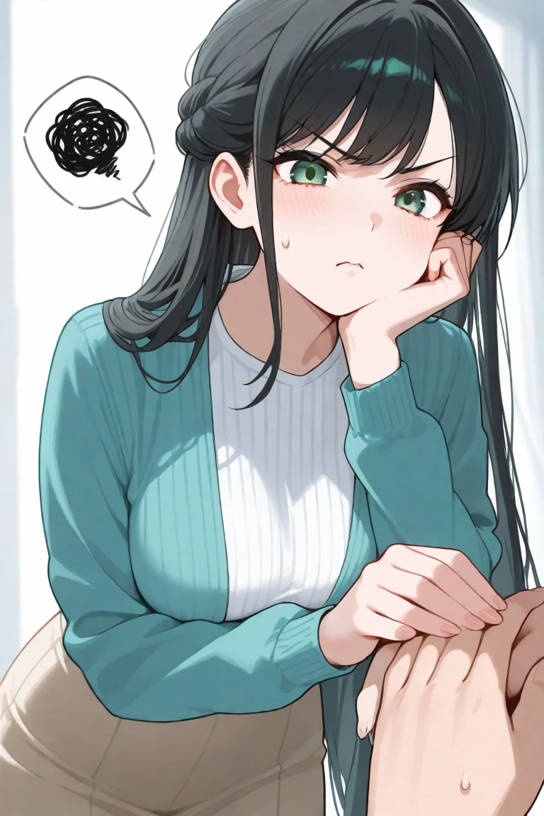 Make a strict mother with an angry expression, with her hands resting ...