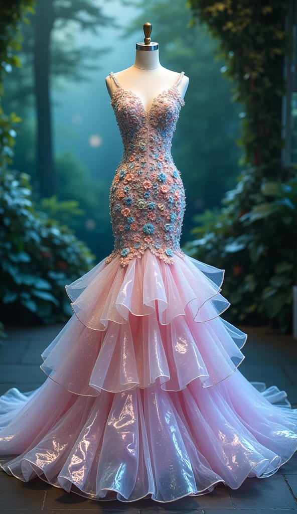 The image presents a stunningly detailed mermaid-style gown ...