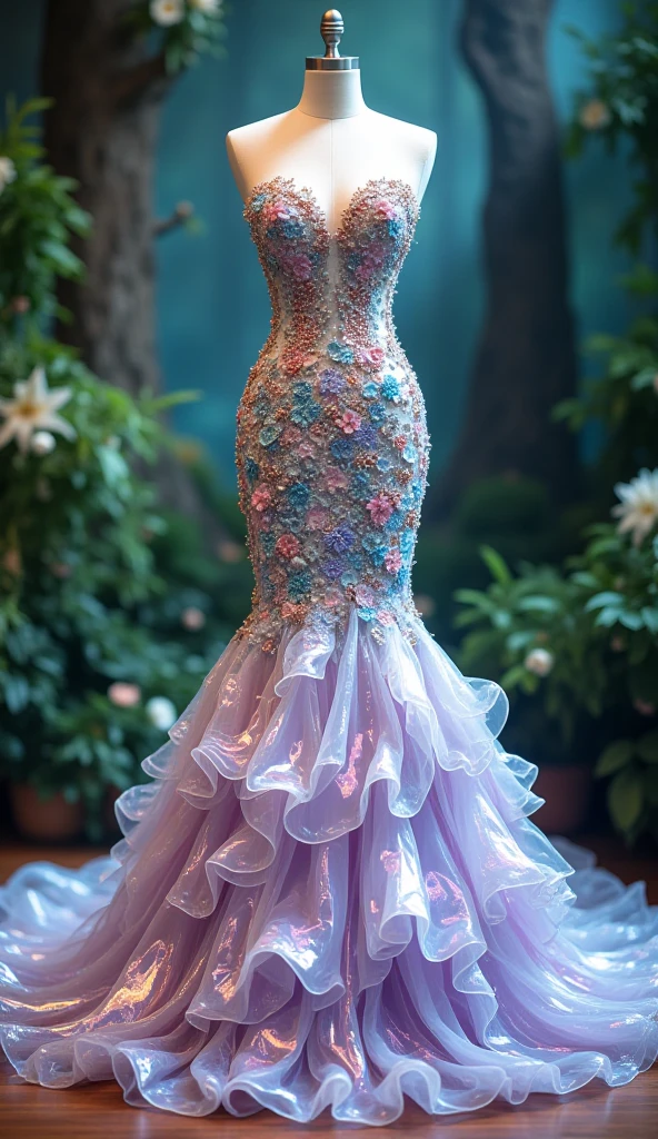The image presents a stunningly detailed mermaid-style gown ...