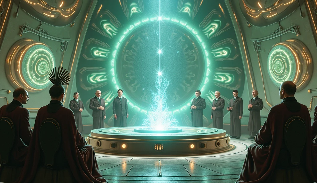 A ceremonial chamber aboard a space station, blending alien and human ...