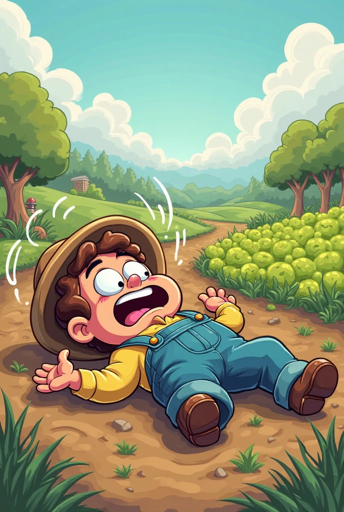 The cartoon farmer collapses on the ground, exhausted and dizzy - SeaArt AI