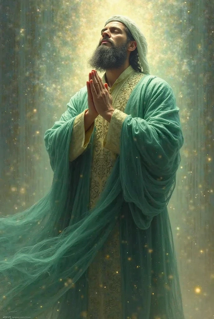 Imam Mahdi is praying in his green robe - SeaArt AI