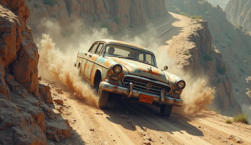 Old runaway car flying from a sharp curve toward a cliff. - SeaArt AI