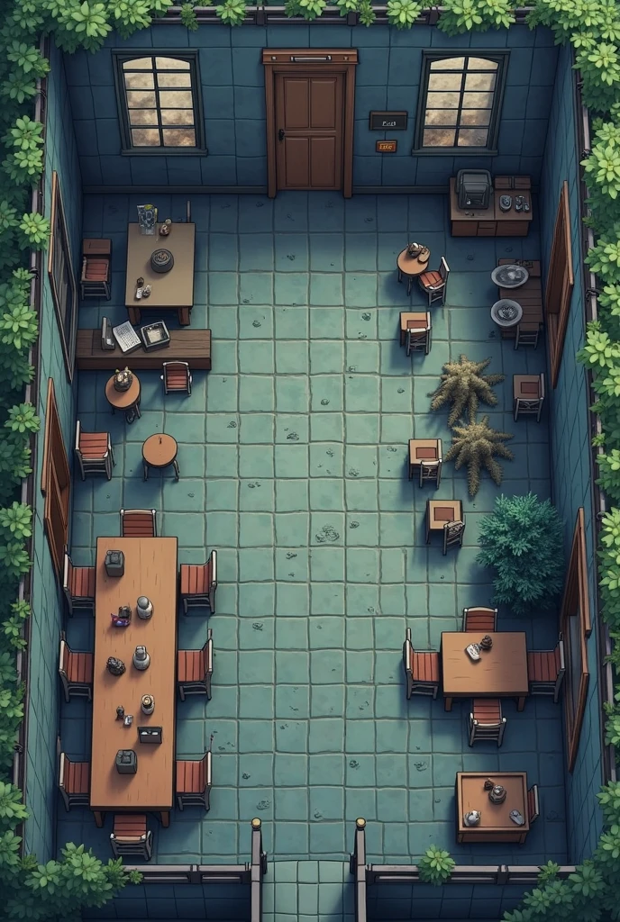 Create a 2D role-playing map with top view, View from above of a prison ...