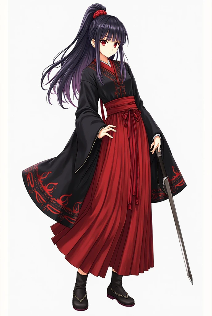 Une fille avec de longs cheveux noirs aux reflets rouges, attachés en ...