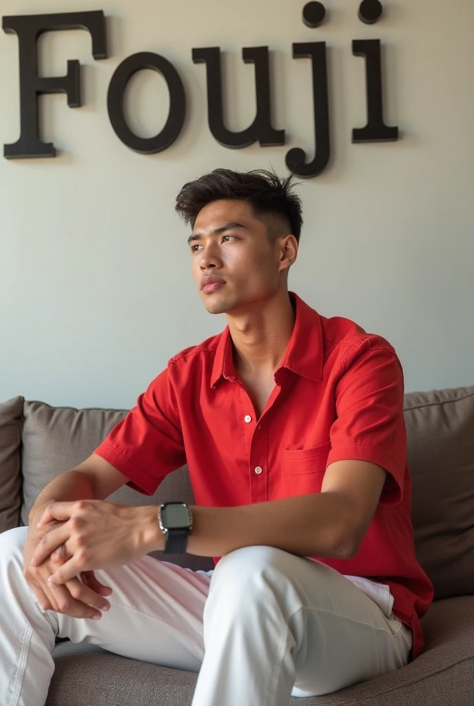 A 25 year old boy sit on sofa with red shirt and withe pent name on ...