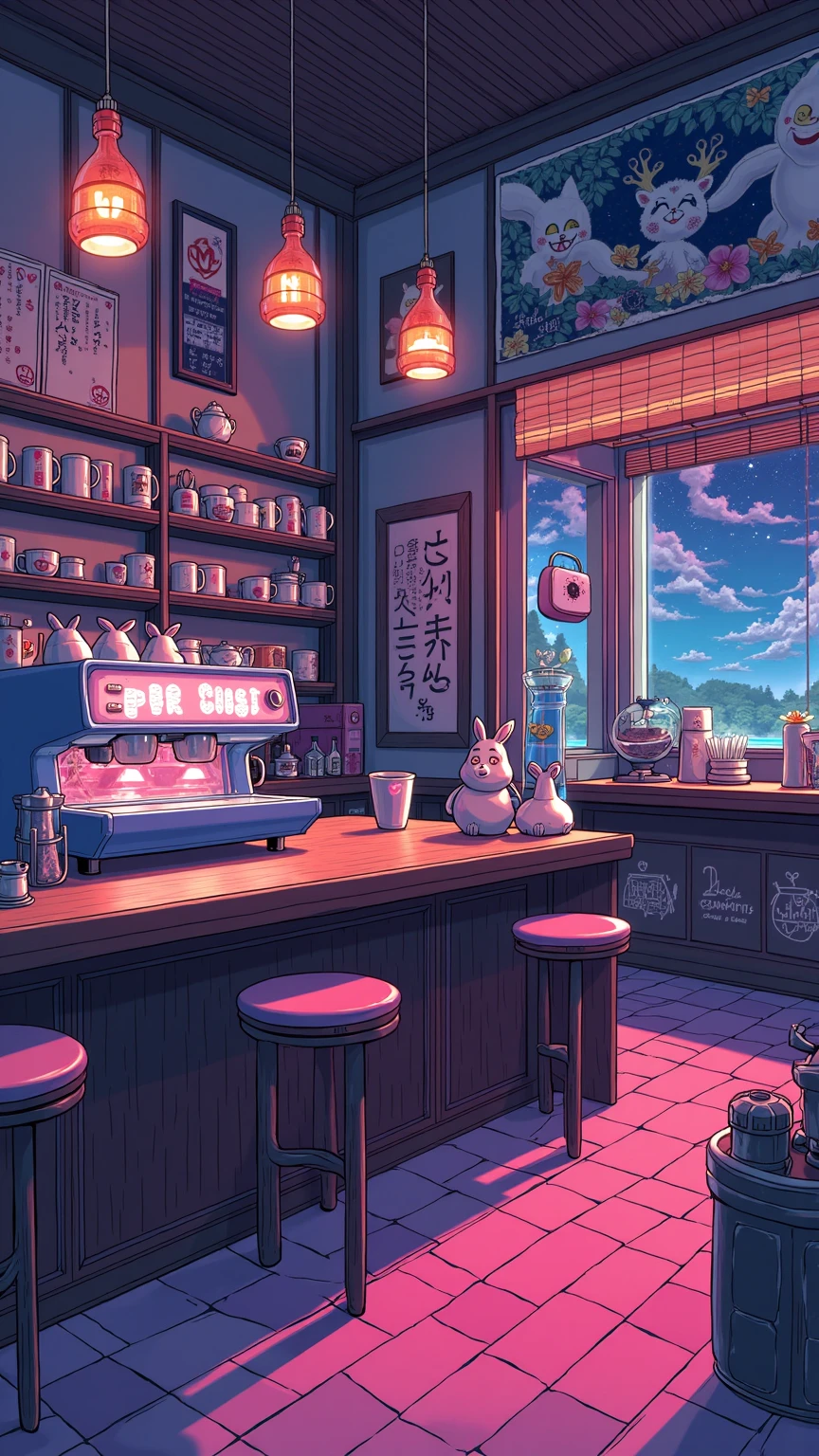 A wide-angle view frames the entire neon-drenched anime kissaten ...
