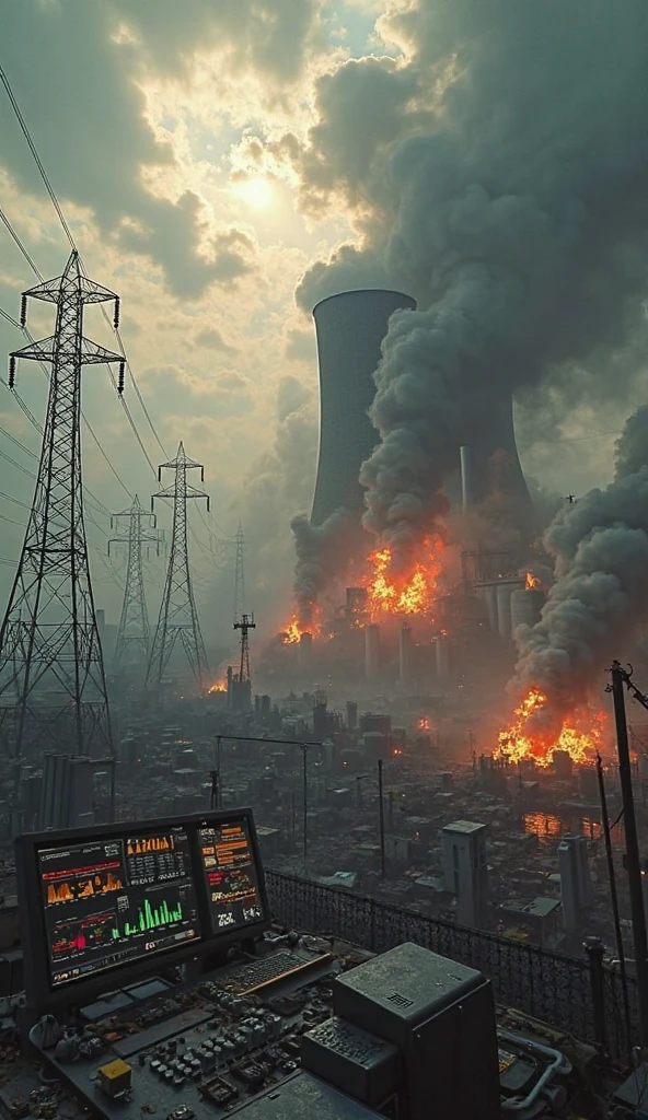 An apocalyptic and dramatic scene, showing a large power plant on the ...