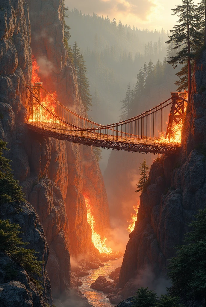 Wooden suspension bridge burning at one end with a cliff below and a ...