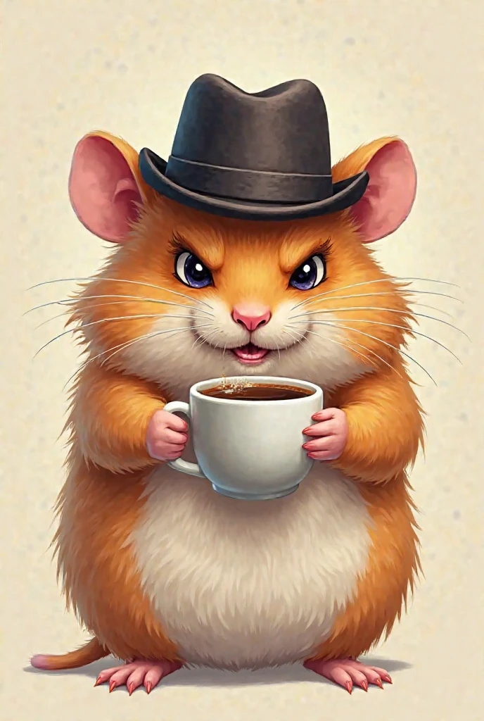 Angry hamster with hat and coffee in his hand - SeaArt AI