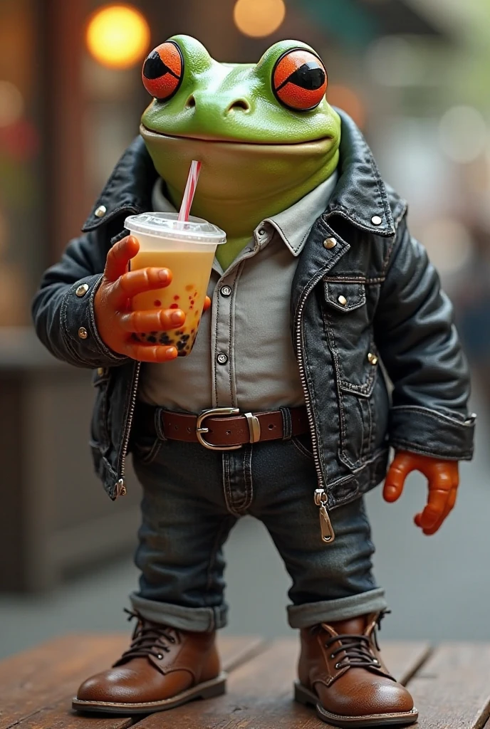 Frog boba tea wear collar shirt and black capless zipper jacket and ...