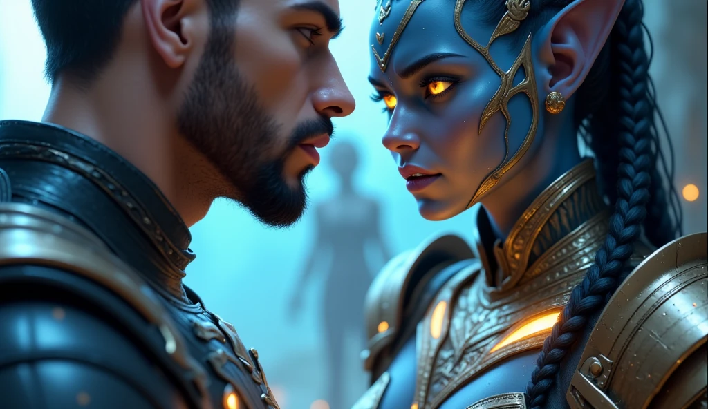 A close-up, emotionally charged sci-fi portrait of two characters ...