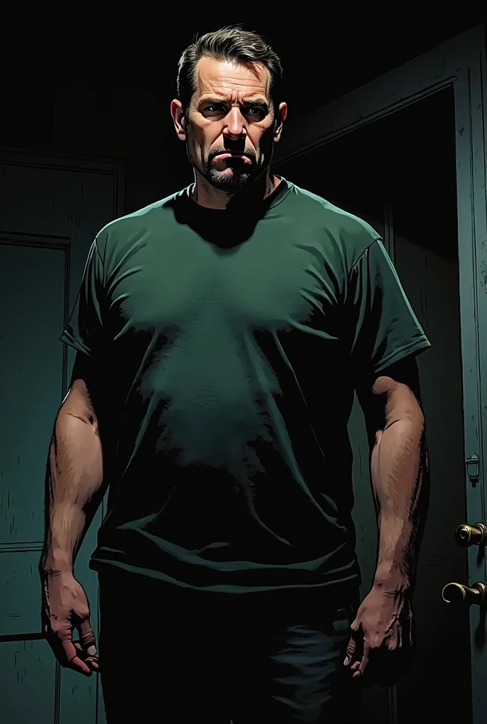 Comic book portrait of Mike standing stiffly in a dim room, arms by his ...