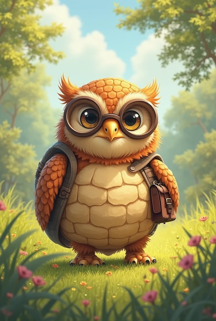 A cute turtle owl wearing detective goggles and a small satchel - SeaArt AI