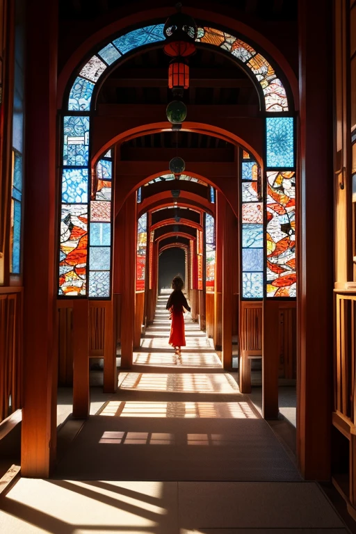 “A stained glass artwork depicting a traditional Japanese torii path ...