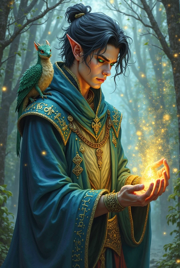 Half-elf male sorcerer with black hair, heterochromatic eyes - SeaArt AI