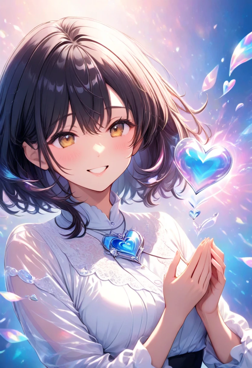 Beautiful woman with medium black hair"Haruna"、white blouse、iridescent glass hea - SeaArt AI