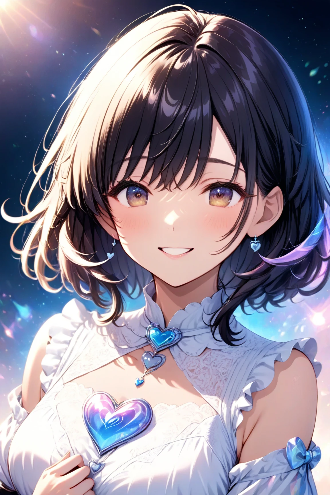 Beautiful woman with medium black hair"Haruna"、white blouse、iridescent glass hea - SeaArt AI