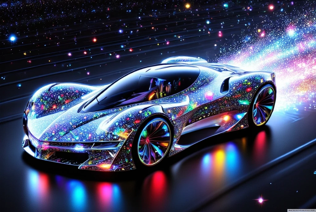 A futuristic supercar with a body made of crystal lenses is speeding ...