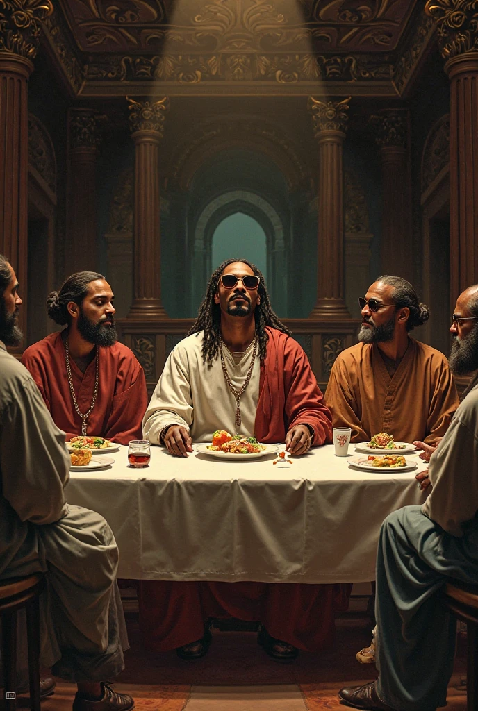 I want you to create a wallpaper of Snoop Dogg at the Last Supper with ...