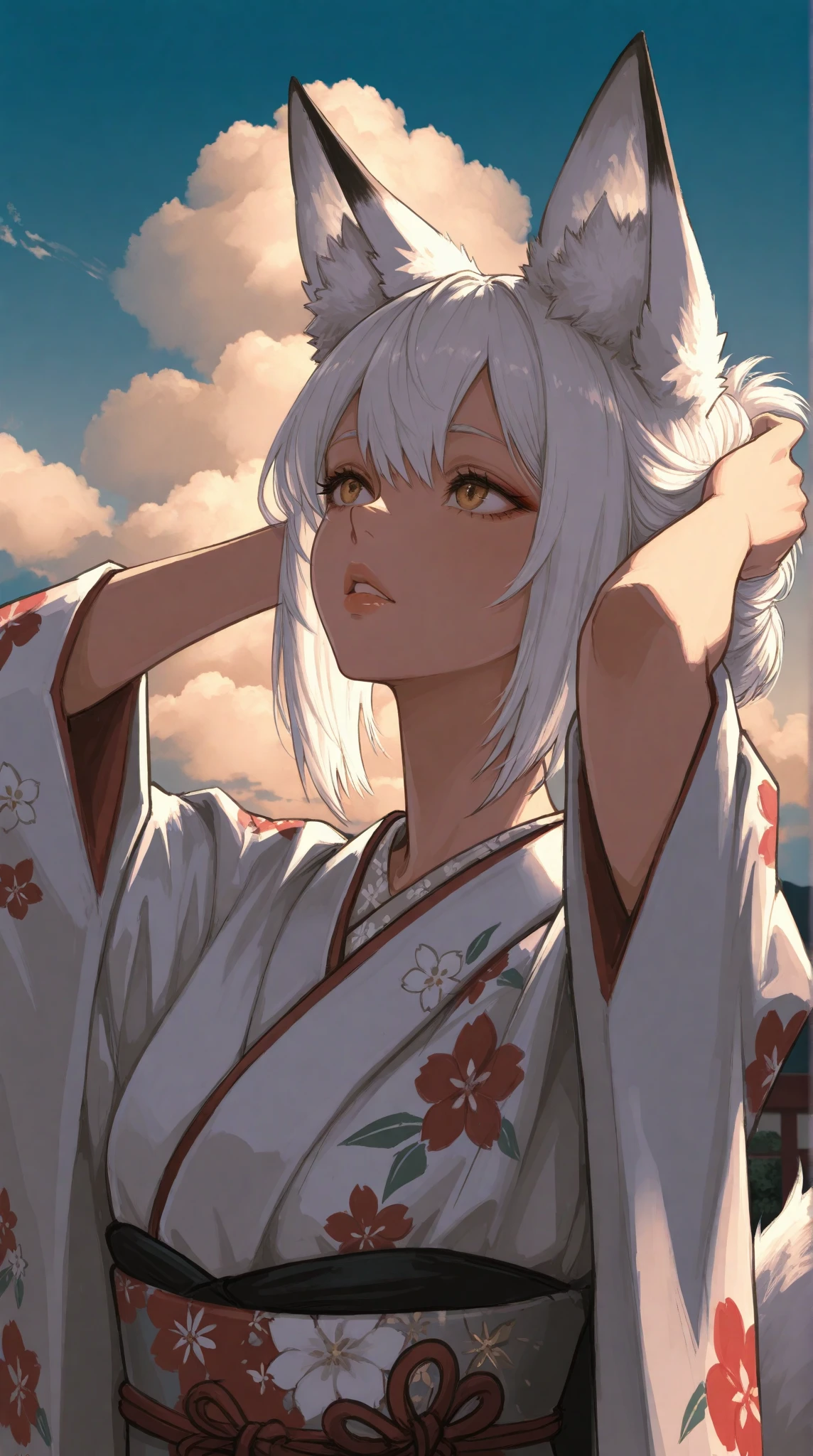 A chic, Foxtail, sky, white hair, cabello largo, animal ears - SeaArt AI