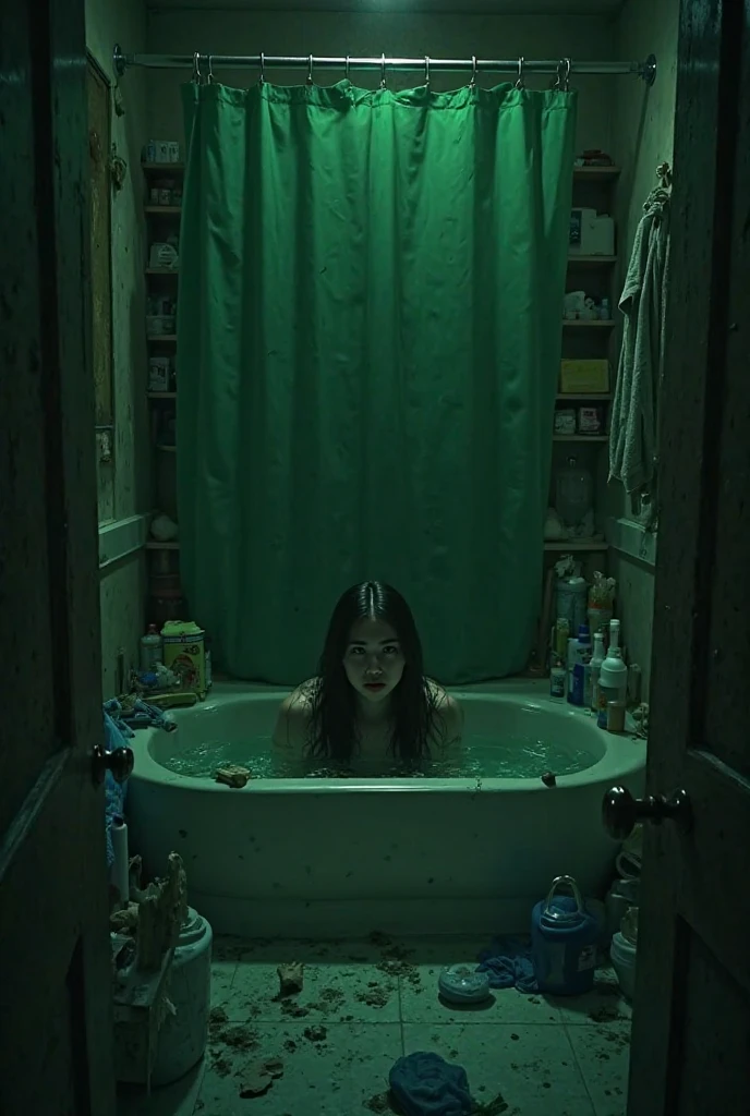 A cluttered messy bathroom, dark with green lighting and green shower ...