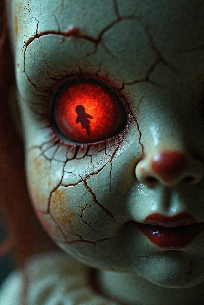 "Extreme close-up of a haunted porcelain doll's face, one eye shattered ...
