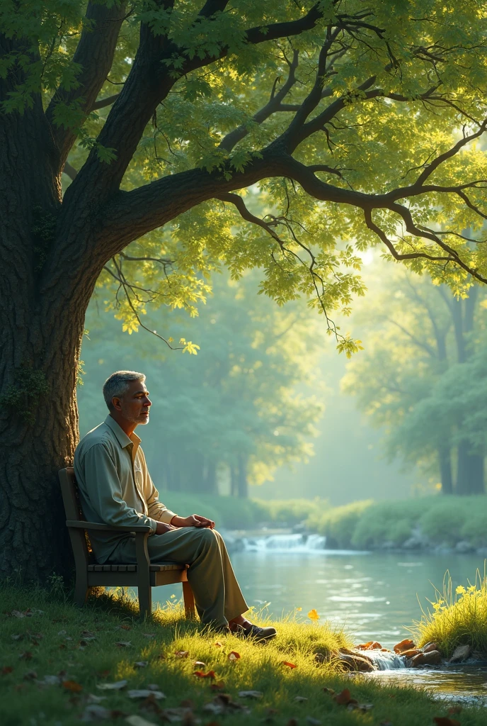 A blind man is sitting under a beautiful tree - SeaArt AI
