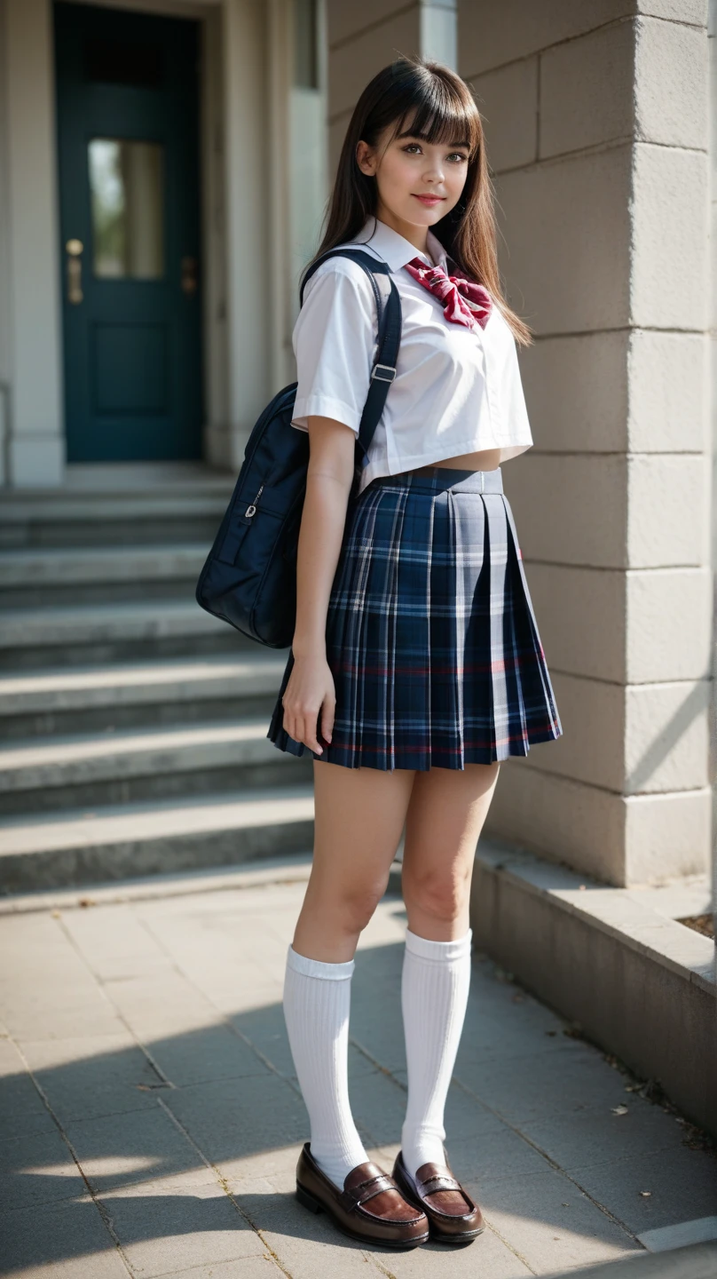 (リアルな写真), ヨーロッパの女子高生, 制服を着ている,チェック柄のプリーツスカート, ロングニーハイソックス ,ローファーの靴 - SeaArt AI