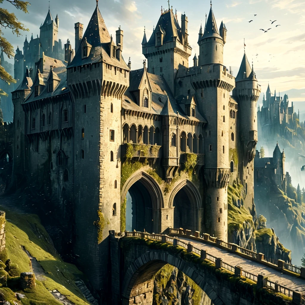((semi-realistic art, castle fantasy style, bridge connected to the ...