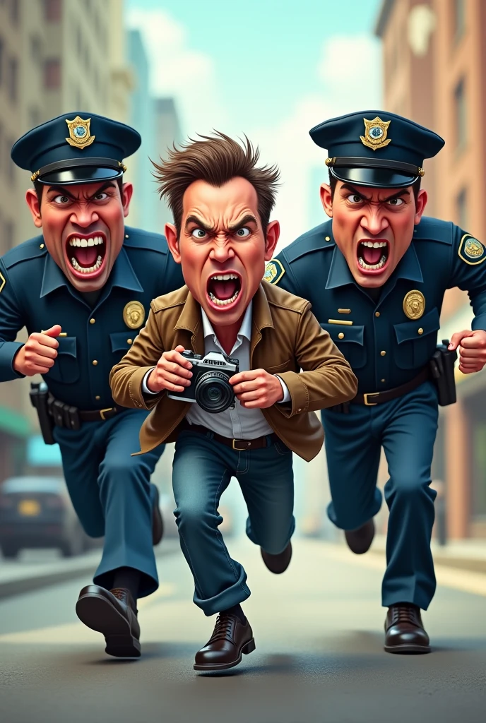 A caricature drawing of 3 angry policeman chasing an exageratedly ...