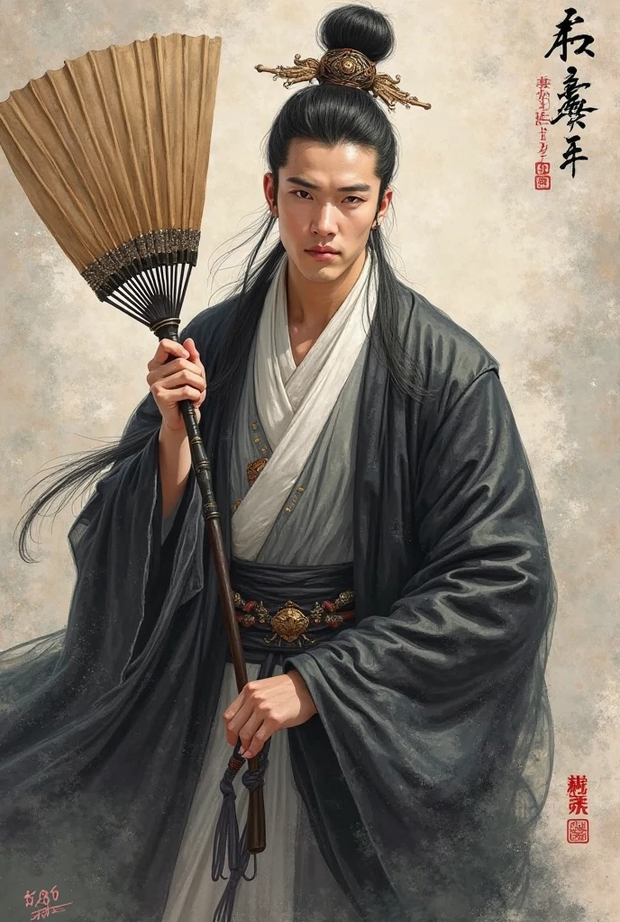 Arafed man in a black and white robe holding a fan, Zhang Daqian ...