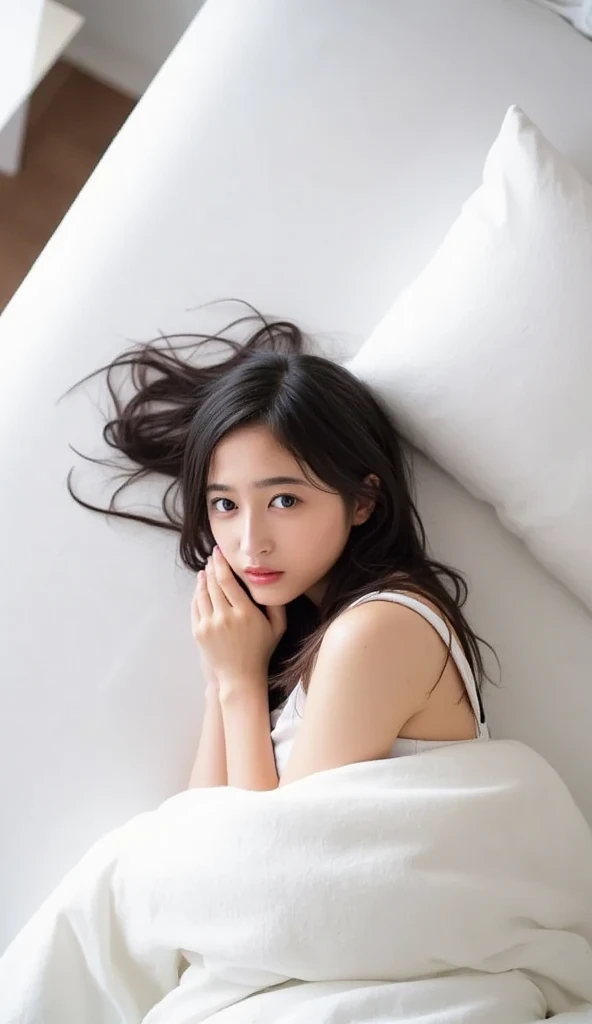 High quality photo, 1girl, lying on her back on a bed, relaxed pose ...