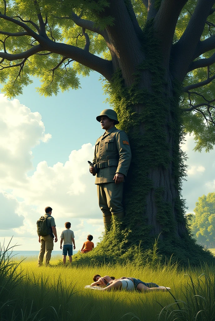 Draw a field with an overgrown statue of a WWII soldier. And not far ...