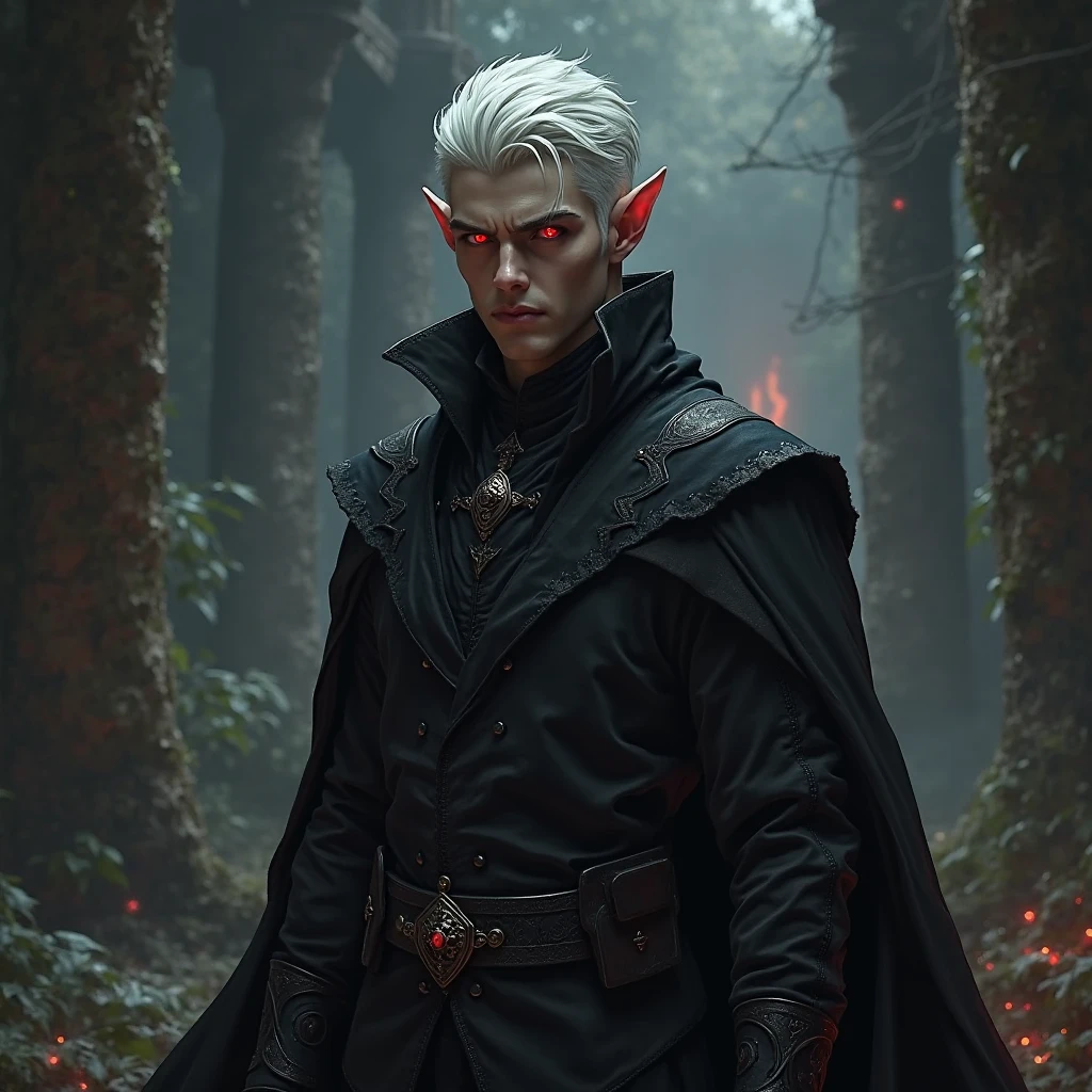 Dungeons and Dragon male tiefling with short white hair, red eyes and ...