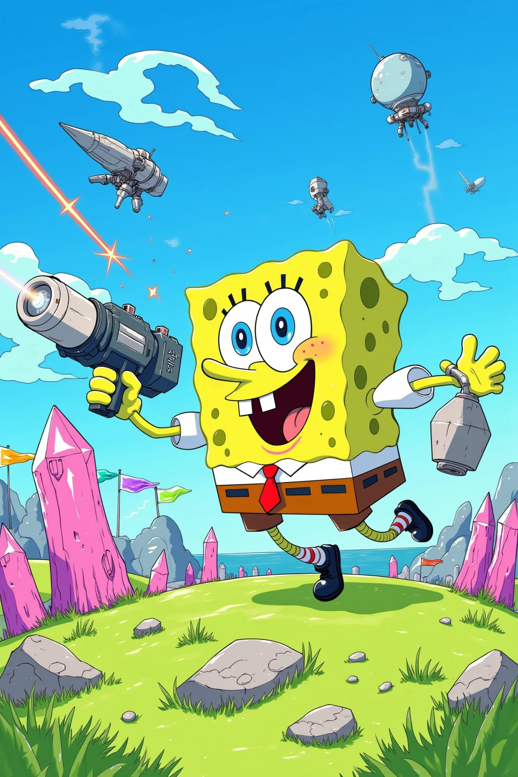 Under the vibrant blue sky, SpongeBob SquarePants is depicted energetically firi - SeaArt AI