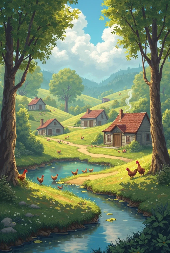 A peaceful rural village scene named Shalbon, with small huts - SeaArt AI