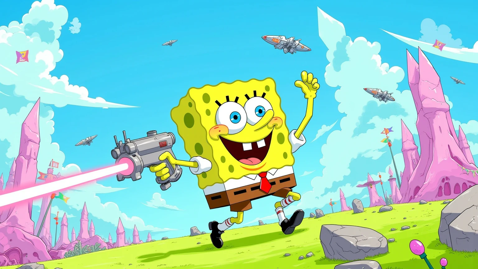 Under the vibrant blue sky, SpongeBob SquarePants is depicted ...
