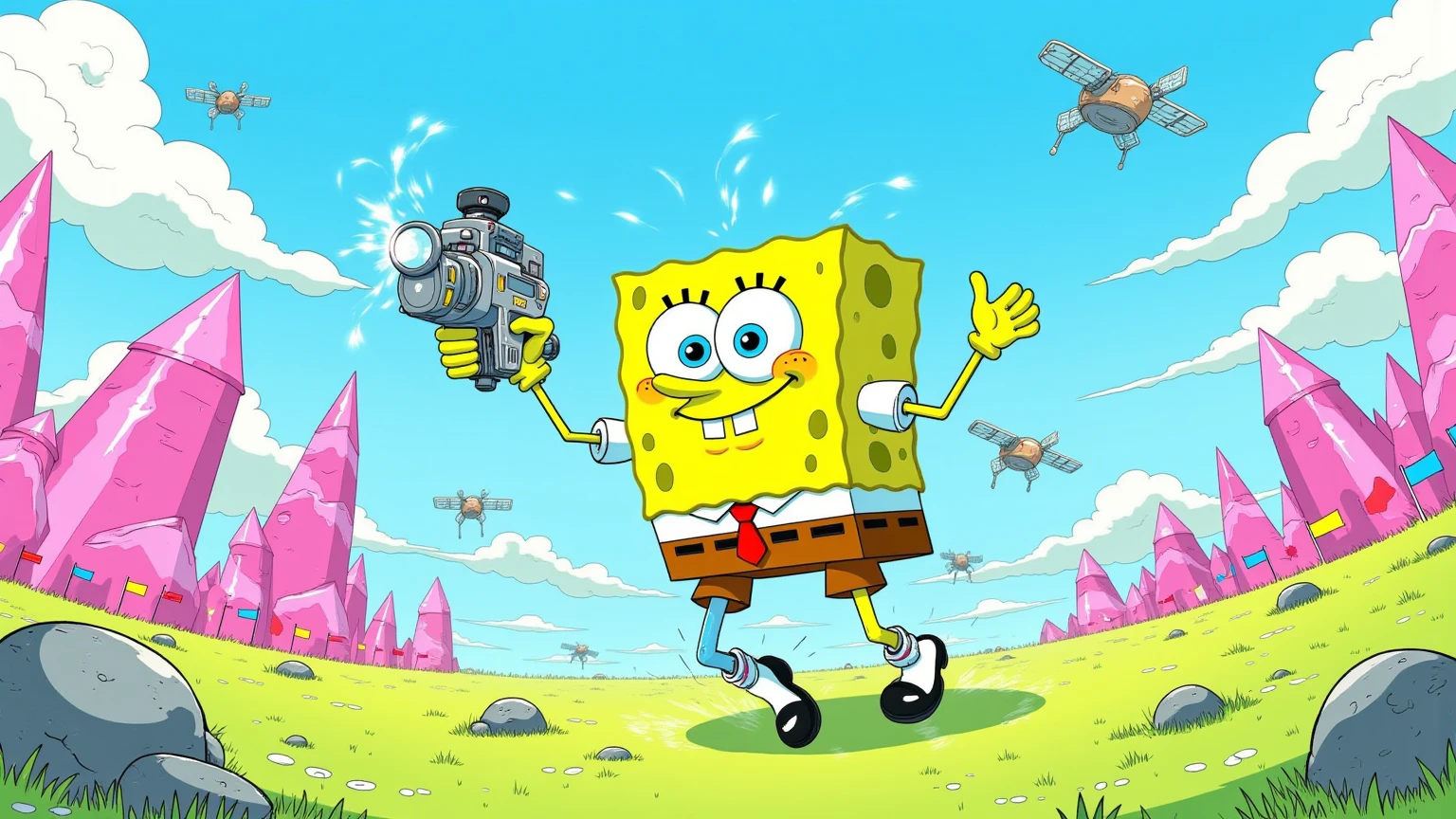 Under the vibrant blue sky, SpongeBob SquarePants is depicted energetically firi - SeaArt AI
