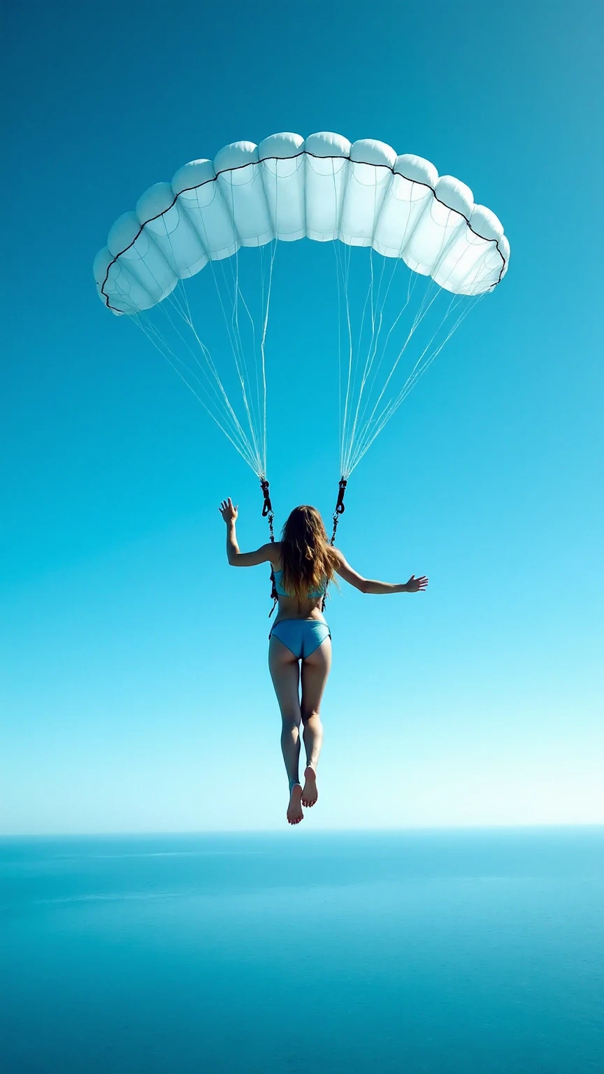 Woman falling vertically,falling at high speed in the air,sea seen from ...